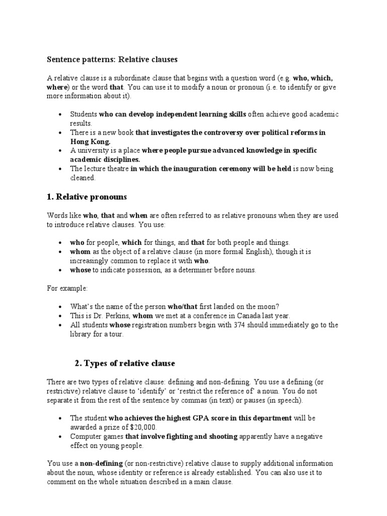 Sentence Patterns - Relative Clauses | PDF | Clause | Pronoun