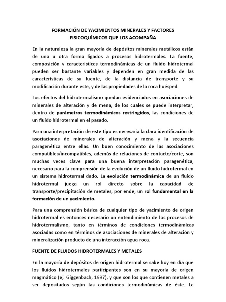 FORMACIÓN DE YACIMIENTOS MINERALES Y FACTORES FISICOQUÍMICOS QUE LOS ...