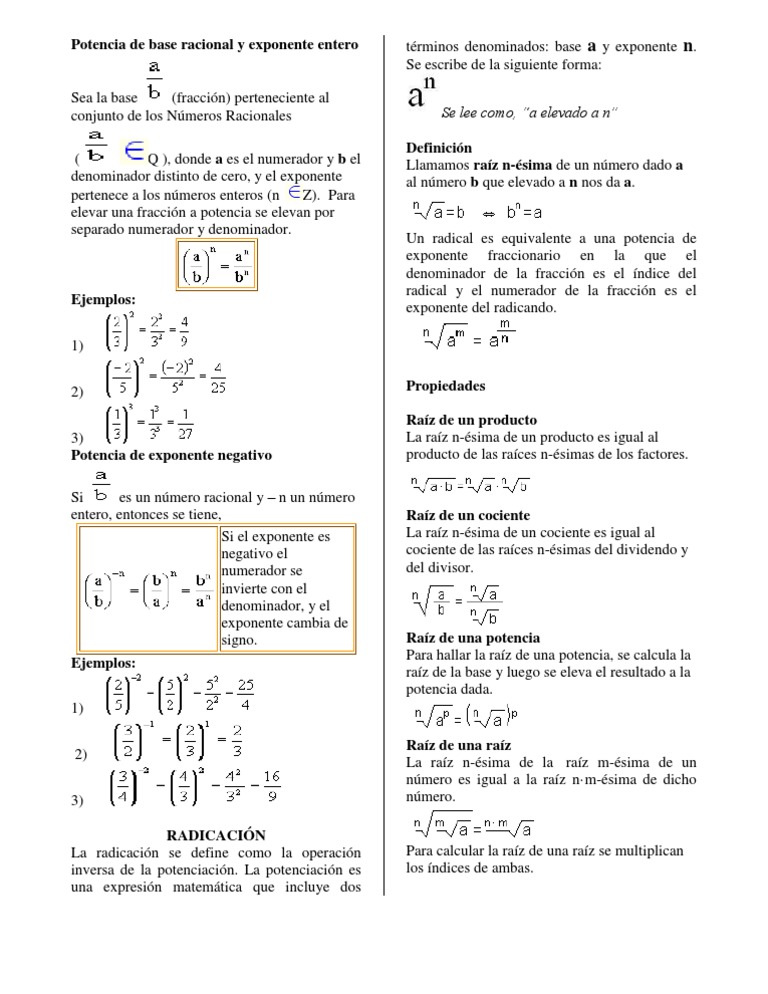 Potencia de Base Racional y Exponente Entero - Hoja | PDF