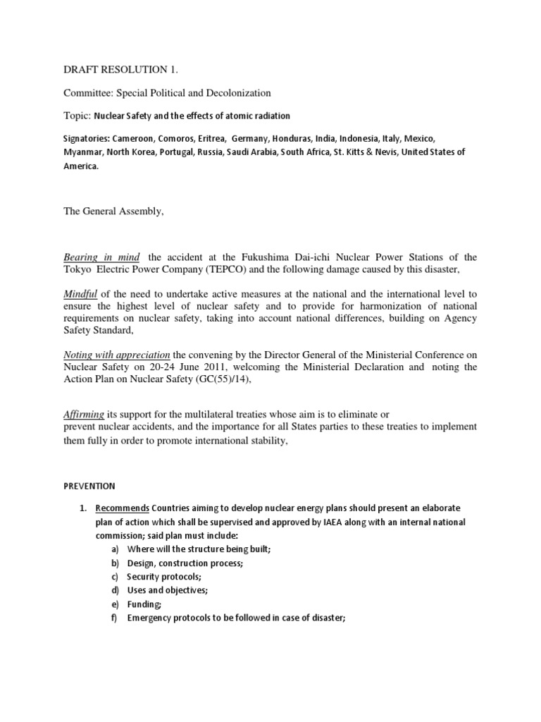 MUN Simultion: Draft Resolution on Nuclear Safety | International ...
