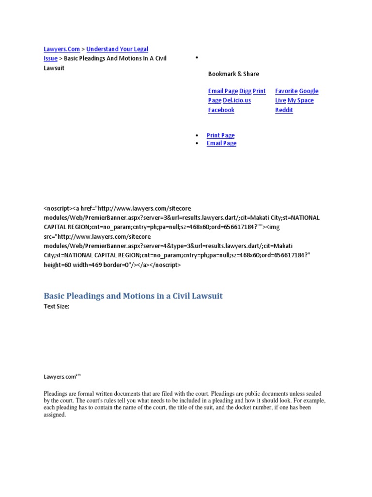 Basic Pleadings and Motions in A Civil Lawsuit | PDF | Cause Of Action ...