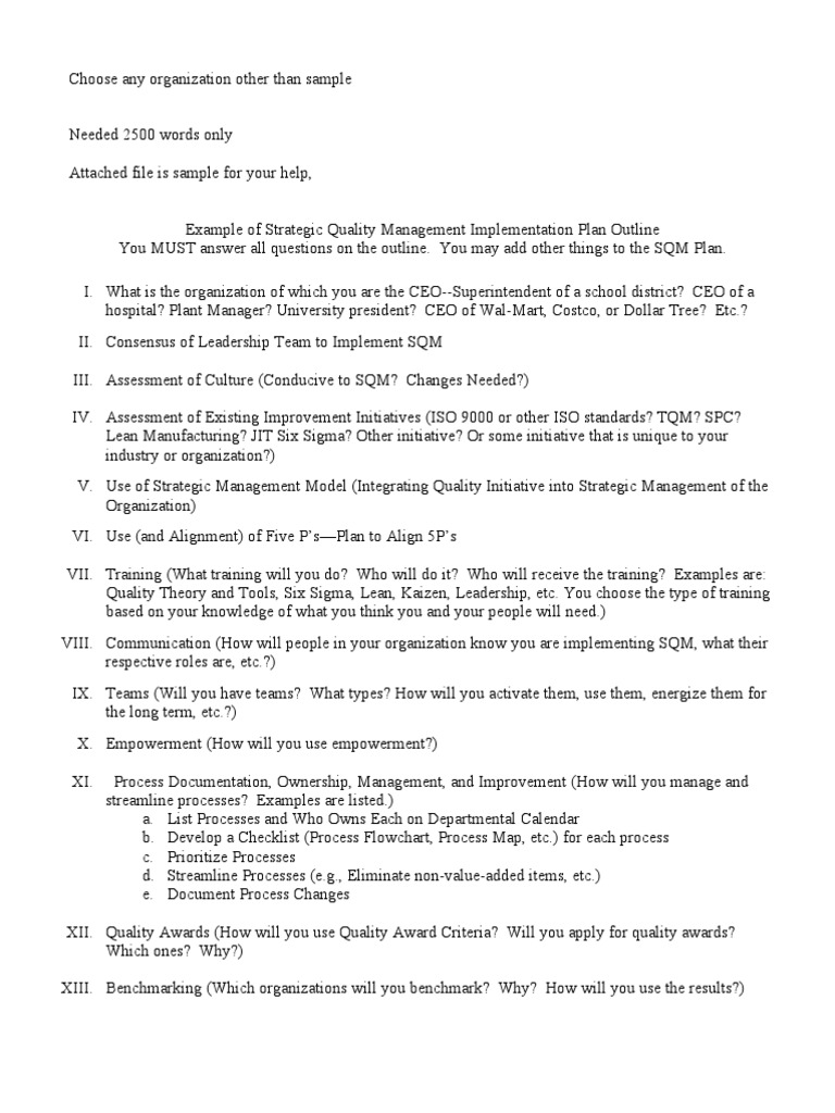 SQM Impl Plan Outline 2013 | PDF | Quality Management | Six Sigma