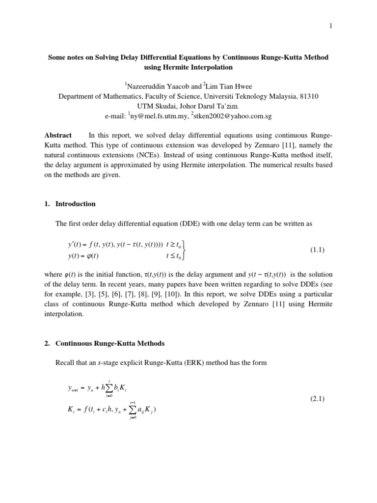Natural Continuous Runge Kutta Method For Delay Differential Equations Pdf Differential