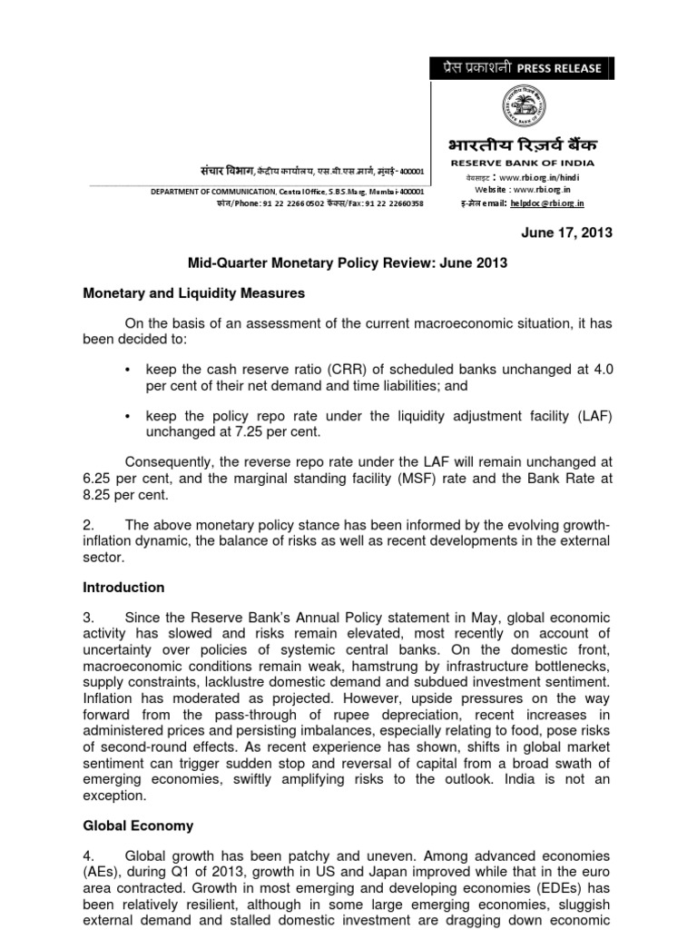 India Monetary Policy Review 17 June 2013 | PDF | Inflation | Monetary ...