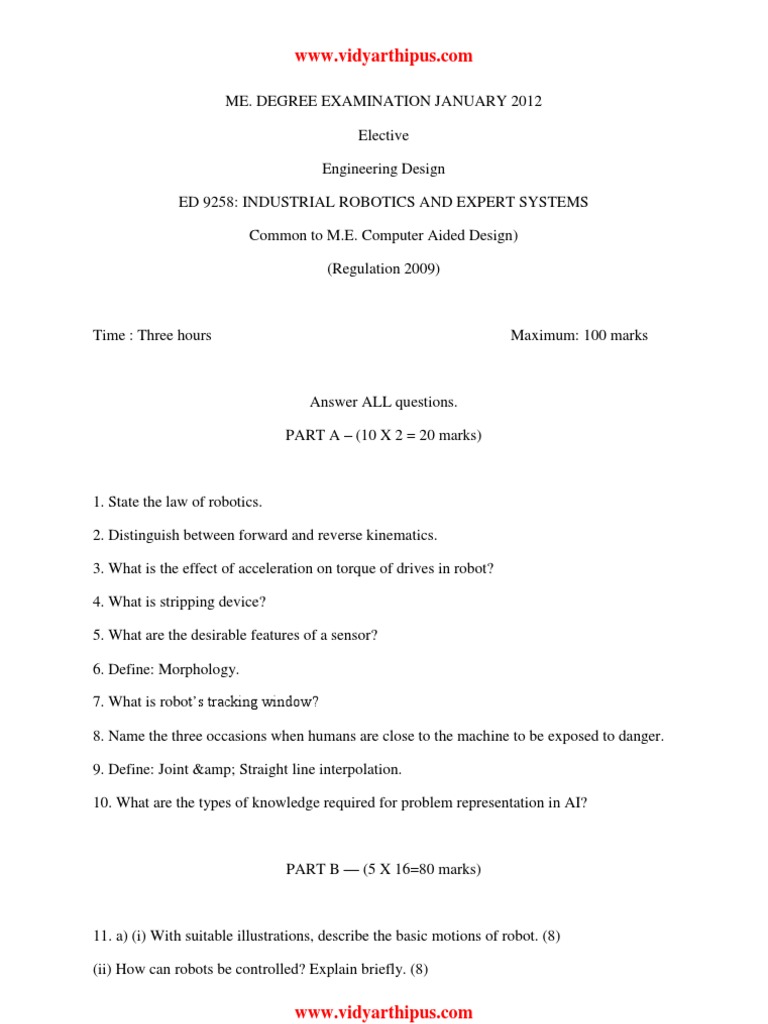 Industrial Robotics and Expert Systems Question Paper 2012 | PDF ...