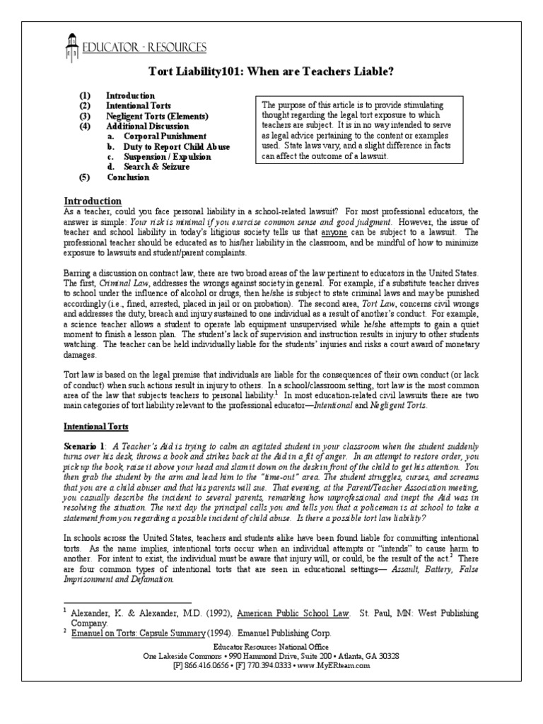 Teacher Tort Liability | PDF | Search And Seizure | Defamation