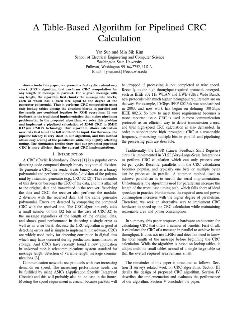Table-Based Algorithm for Pipelined CRC Calculation | PDF | Computer Architecture | Applied ...