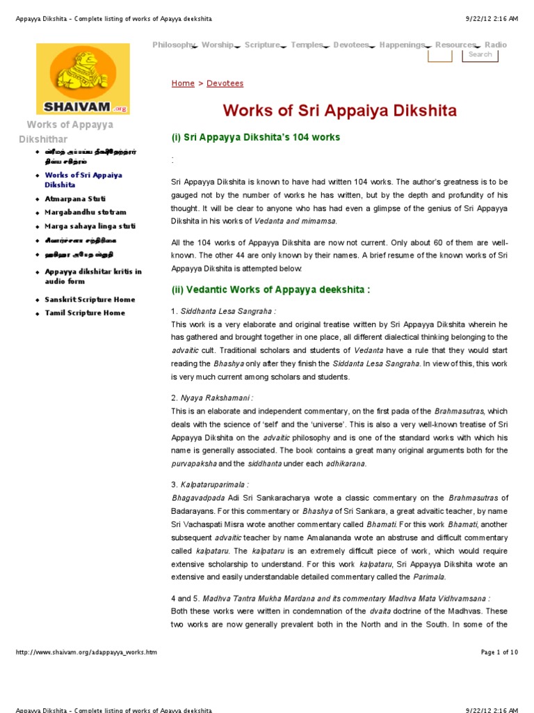 Appayya Dikshita - Complete Listing of Works of Apayya Deekshita | PDF ...