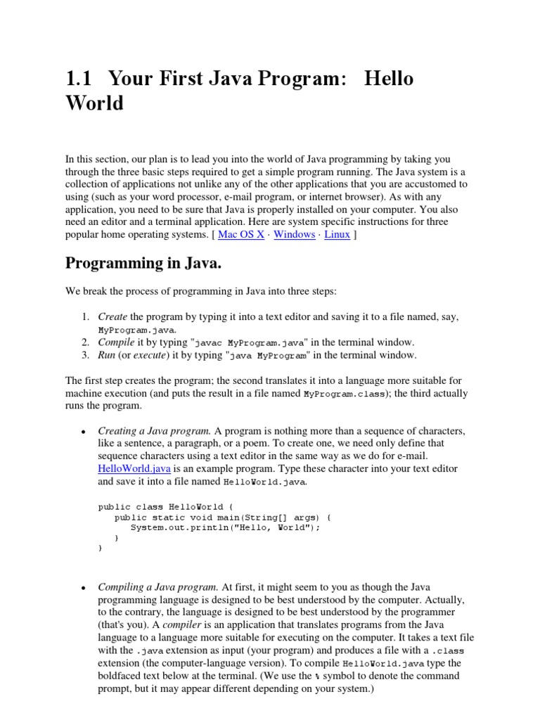 1.1 Your First Java Program: Hello World | PDF | Java (Programming ...
