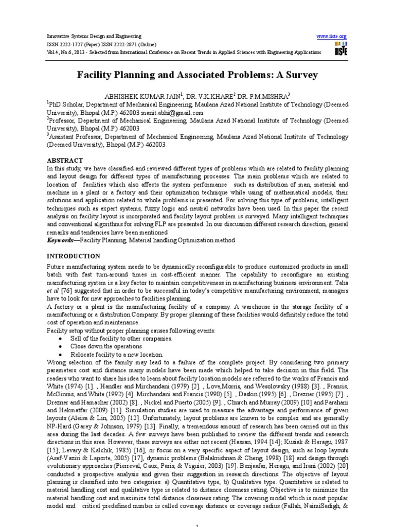 Facility Planning and Associated Problems A Survey | PDF | Design | Mathematical Optimization