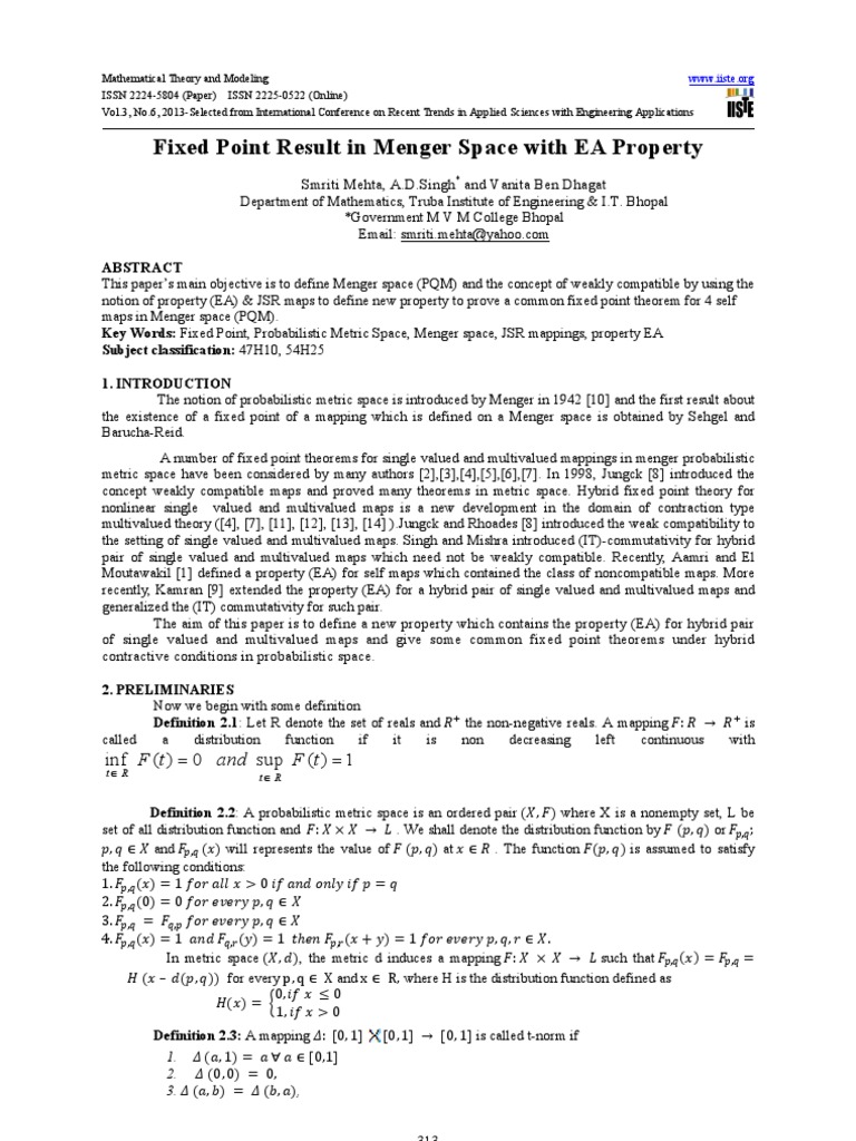 Fixed Point Result in Menger Space With EA Property | PDF | Sequence | Function (Mathematics)