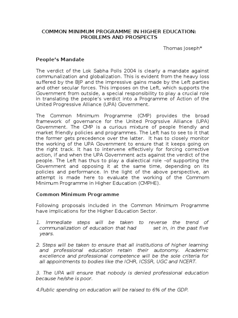 Common Minimum, Programme in Higher Cation | PDF | University | Supreme ...