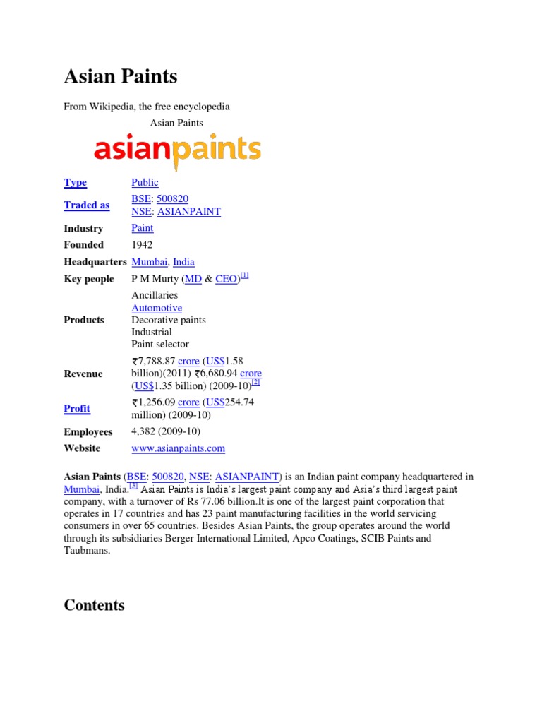Asian Paints, Profile of Asian Paints, Asian Paints Details | PDF ...