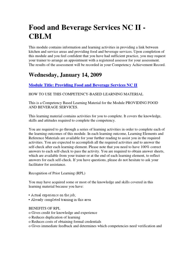 CBLM Food and Beverage Services NC II | PDF | Tableware | Waiting Staff