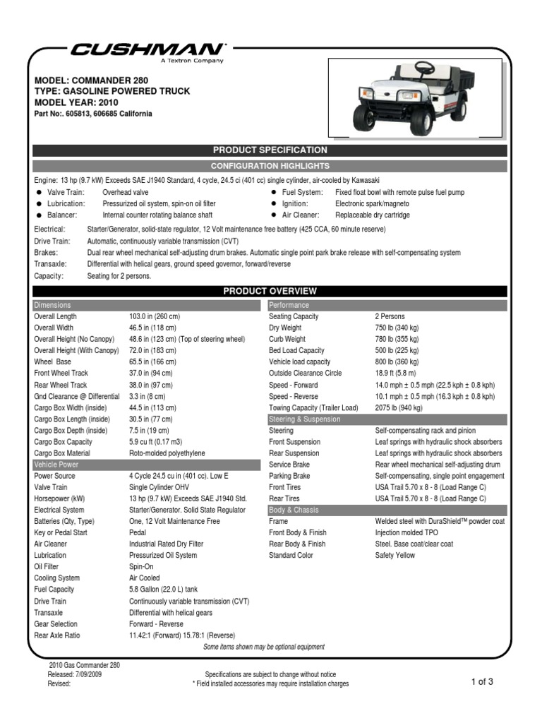 2010 Cushman Commander 280 Gas Tech Spec, 1 | PDF | Transmission ...