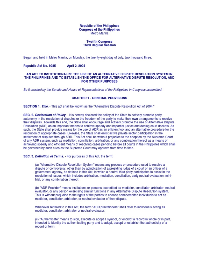 Ra 9285 | PDF | Alternative Dispute Resolution | Arbitral Tribunal