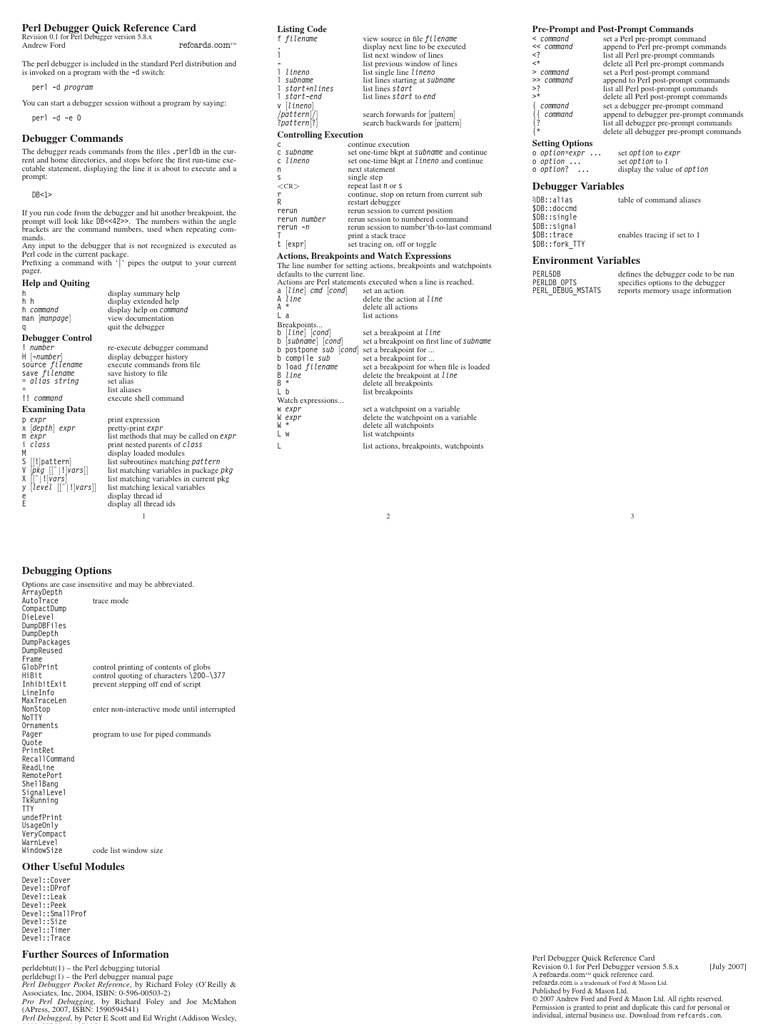 Perl Debugger Refcard A4 | PDF | Perl | Command Line Interface