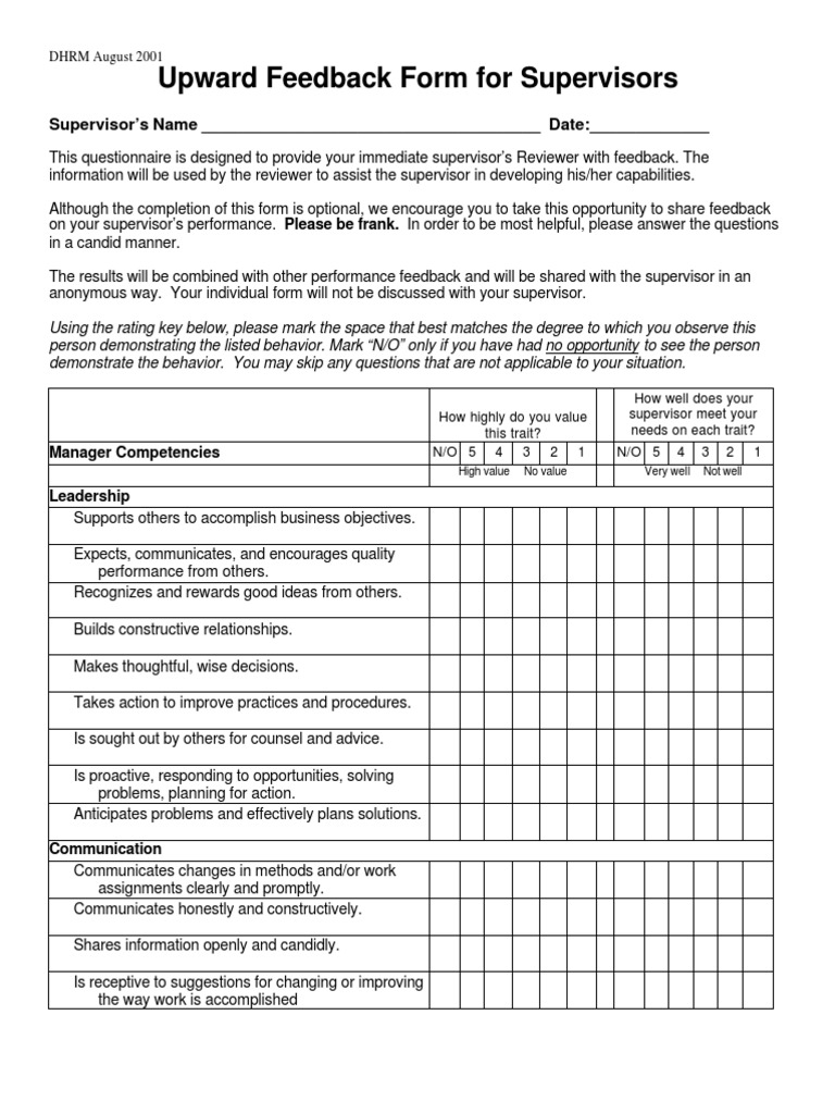 Upward Feedback Form For Supervisors: Supervisor's Name - Date | PDF ...