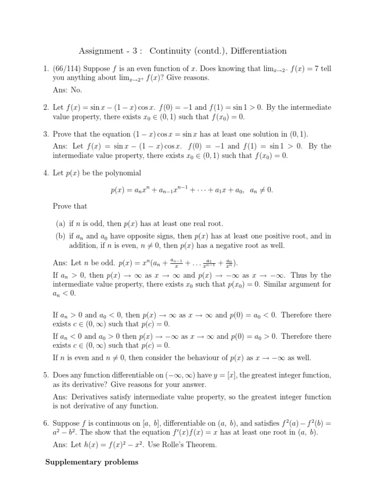 Applications of the Intermediate Value Property and Rolle's Theorem in ...