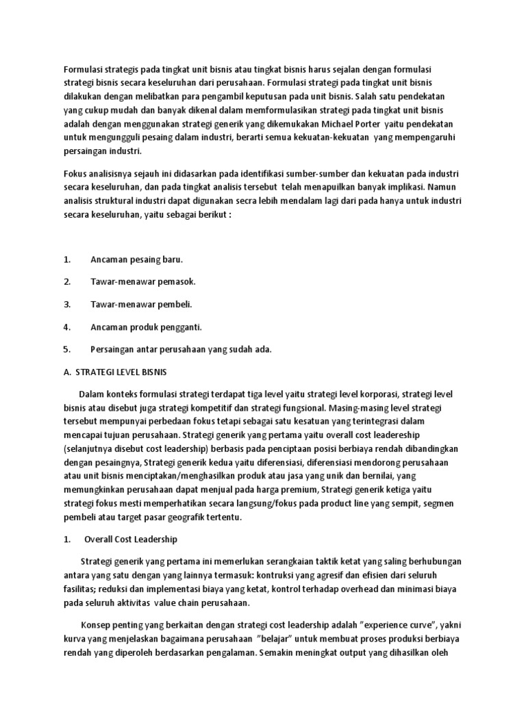 Formulasi Strategis Pada Tingkat Unit Bisnis Atau Tingkat Bisnis Harus ...