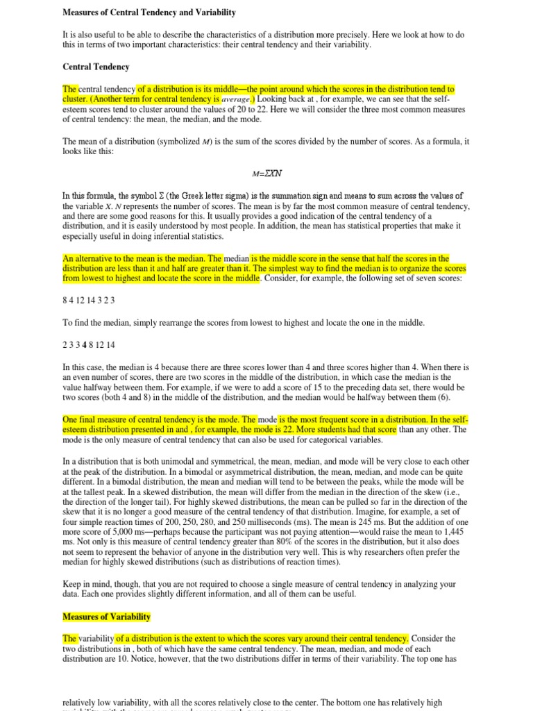 Measures of Central Tendency and Variability | PDF | Mean | Mode (Statistics)