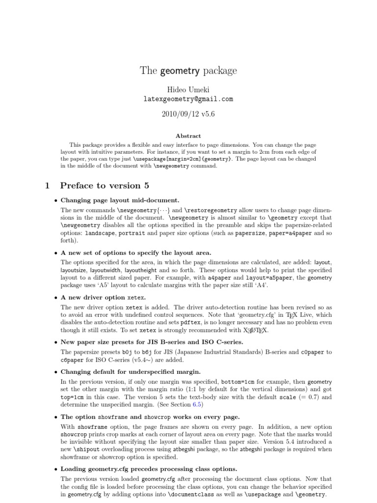 The Geometry Package: 1 Preface To Version 5 | PDF