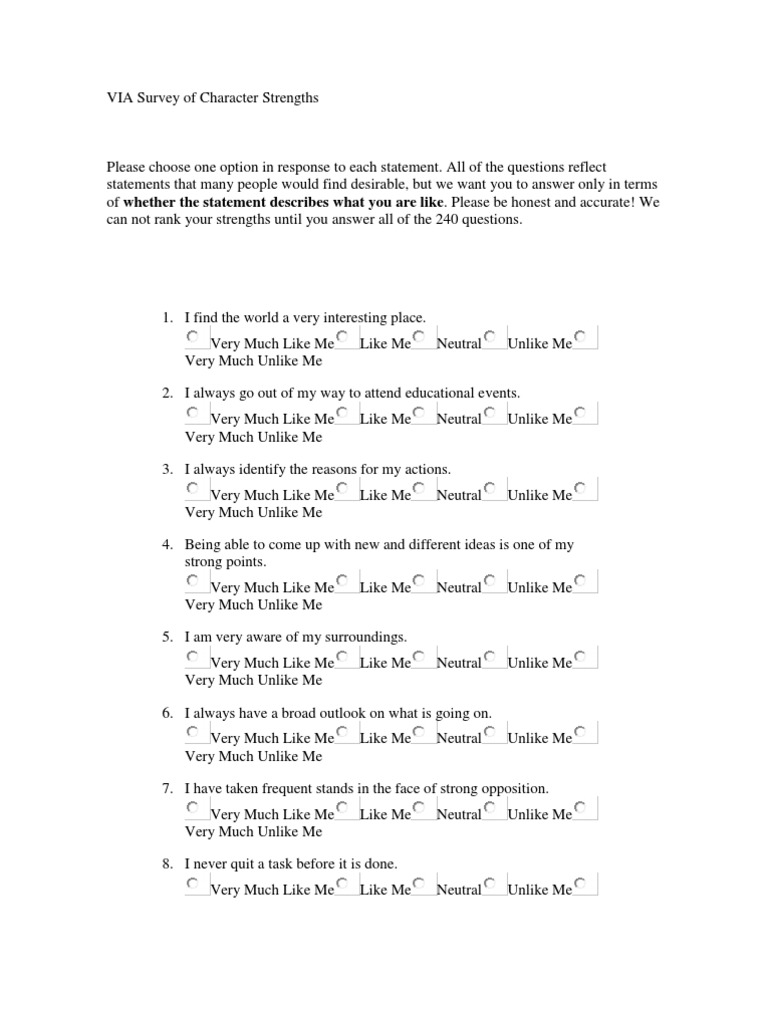 Via Survey of Character Strengths | PDF | Psychological Concepts ...