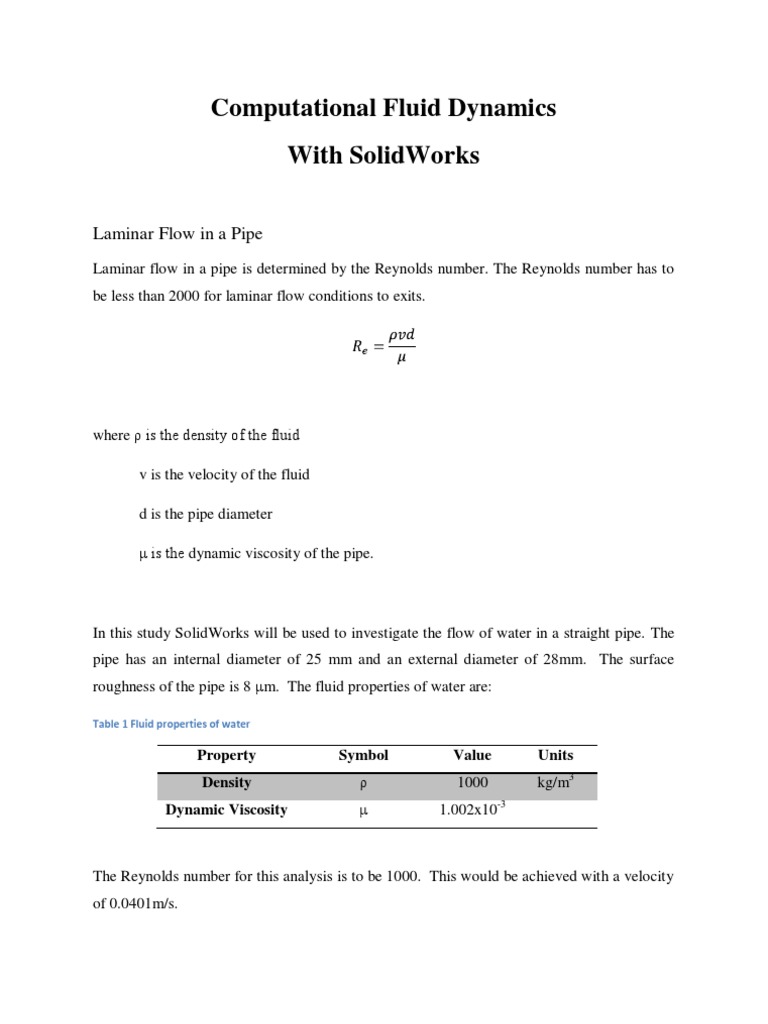 Computational Fluid Dynamics With Solidworks: Laminar Flow in A Pipe ...