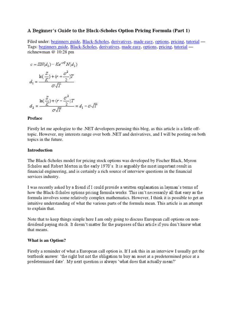 A Beginner's Guide To The Black-Scholes Option Pricing Formula (Part 1 ...
