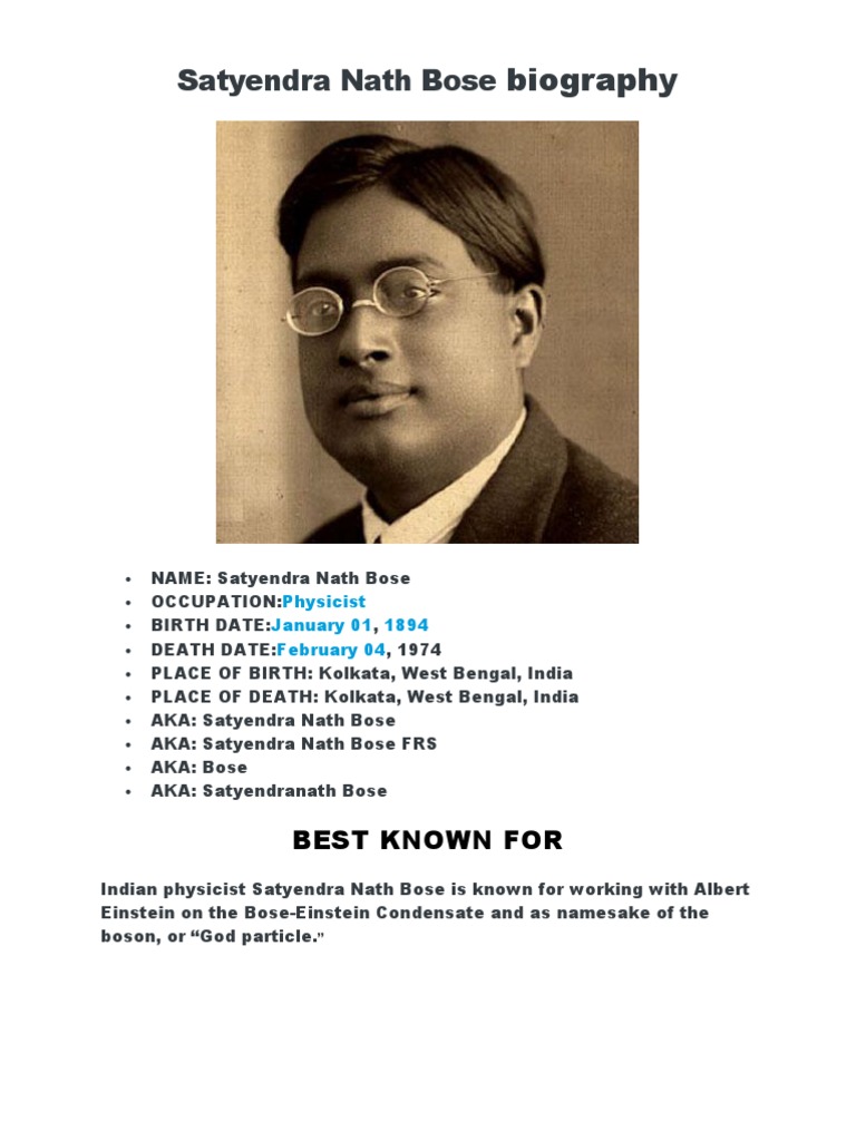 Satyendra Nath Bose biography.doc | Theoretical Physics | Quantum Mechanics