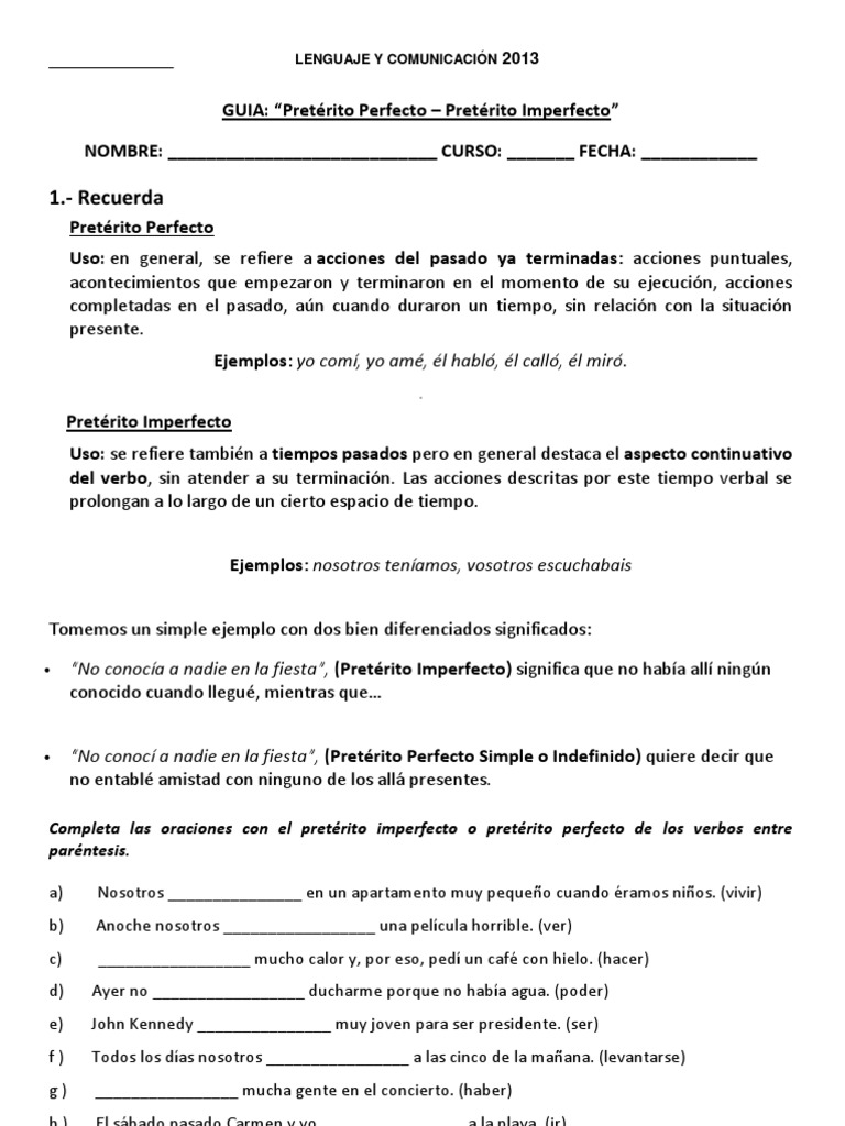 Guía de Uso: Pretérito Perfecto e Imperfecto | PDF