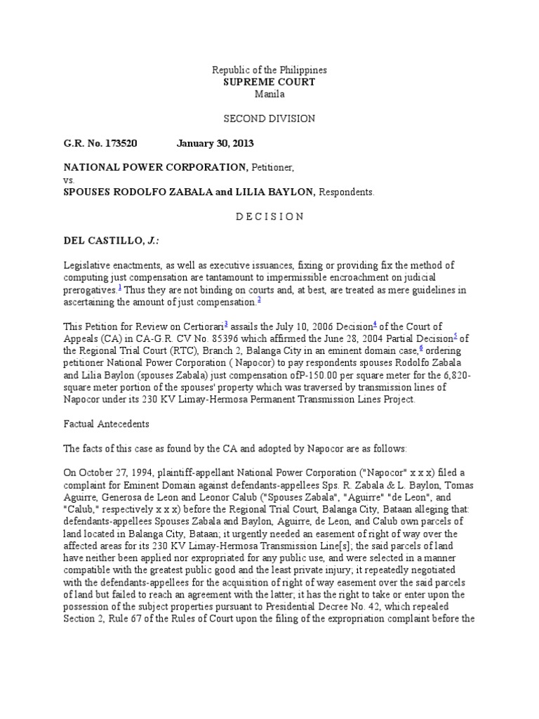 National Power Corporation vs. Spouses Rodolfo Zabala and Lilia Baylon ...