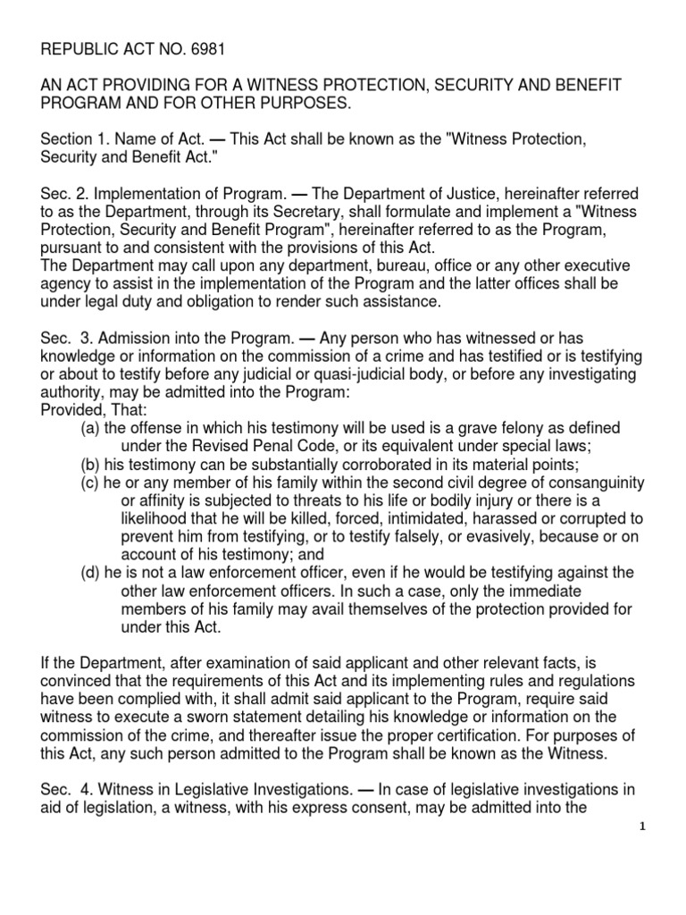 RA 6981 Witness Protection Program | PDF | Witness | Perjury