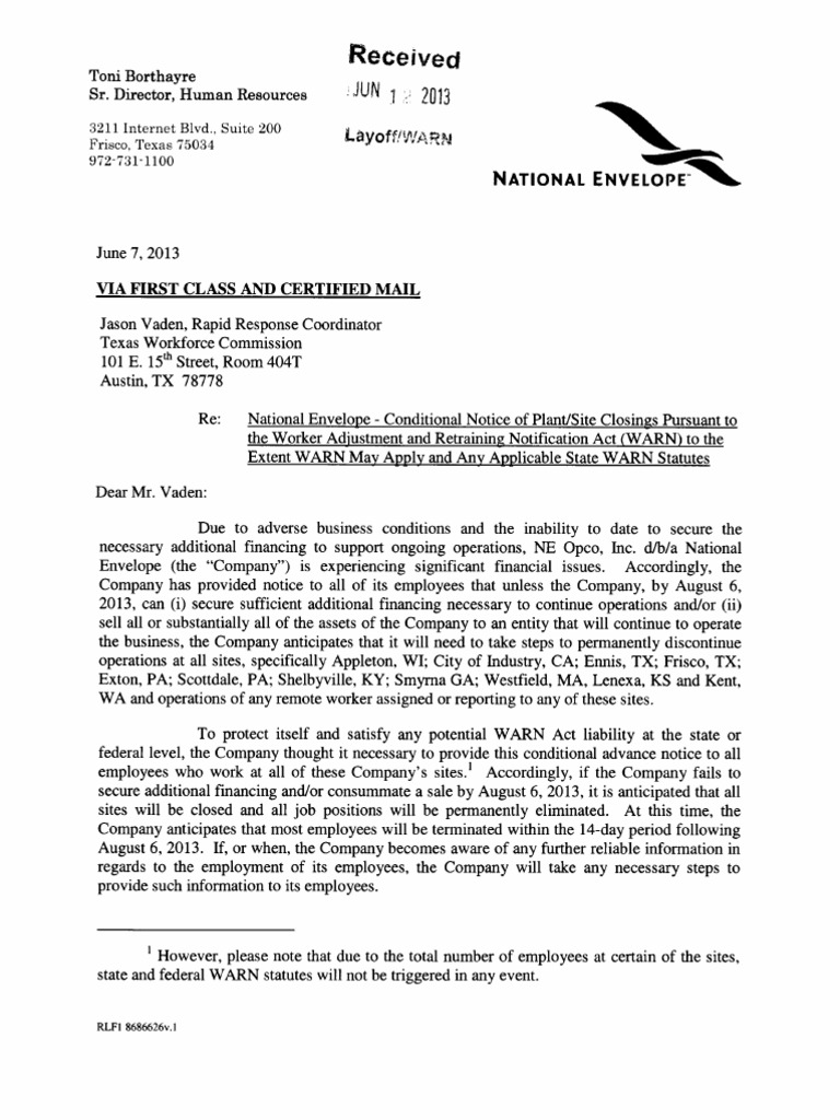 National Envelope Letter To The Texas Workforce Commission | PDF