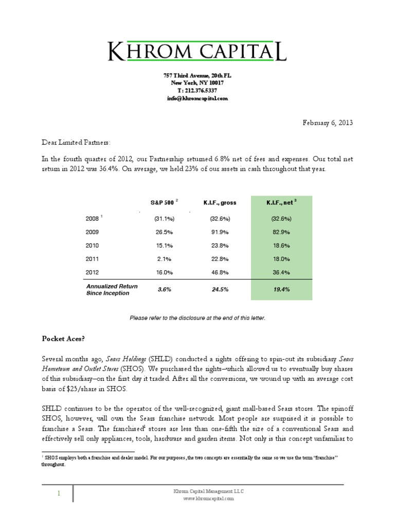 Eric Khrom of Khrom Capital 2012 Q4 Letter | PDF | Franchising | Stock ...