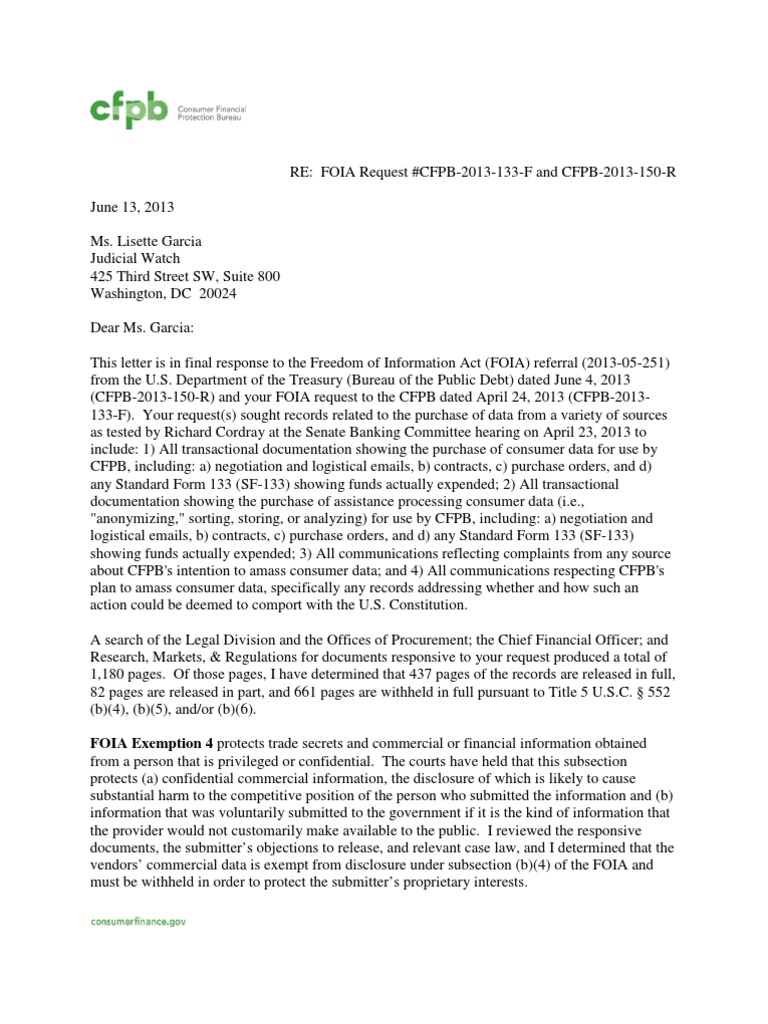 CFPB-2013-133 and 150 Response Letter | Freedom Of Information Act ...
