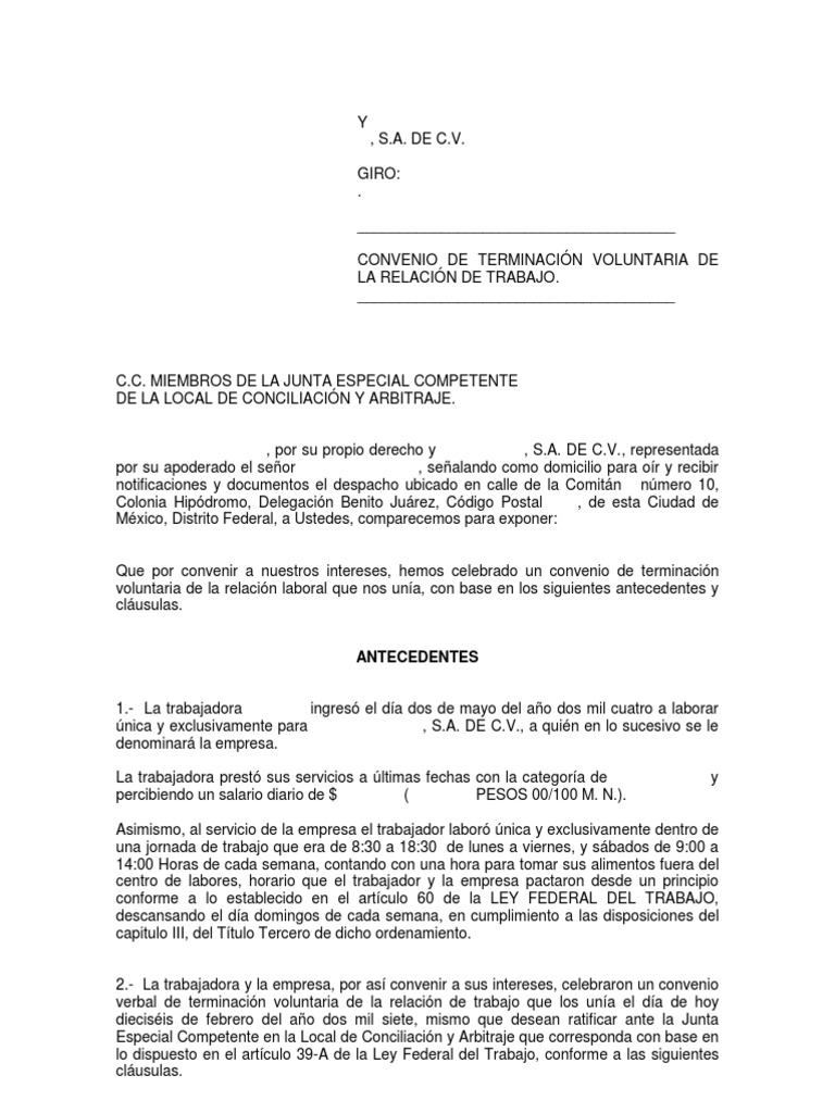 Convenio de Terminacion de La Relacion Laboral | PDF | Derecho