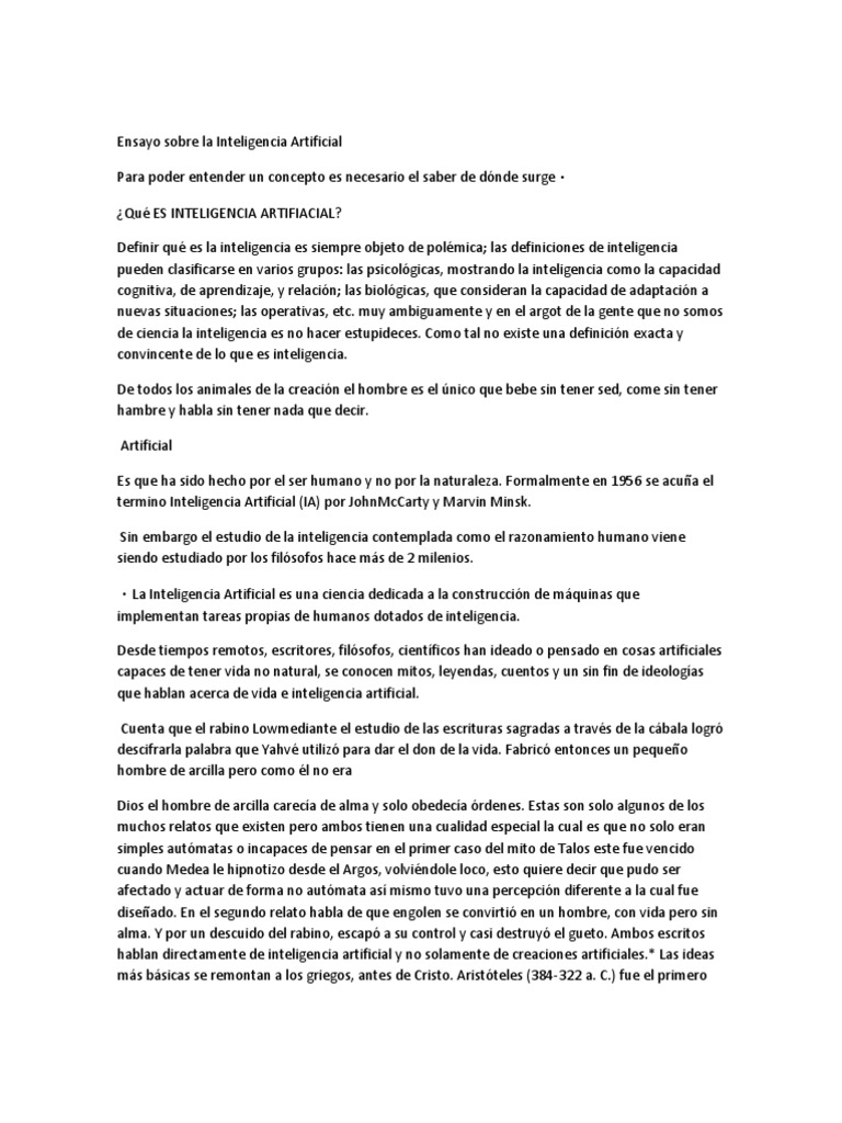 Ensayo sobre la Inteligencia Artificial | PDF | Inteligencia artificial ...