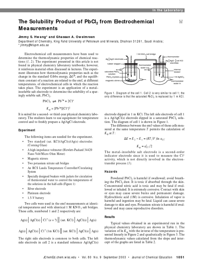 The Solubility Product of PbCl2 From Electrochemical Measurements | PDF ...