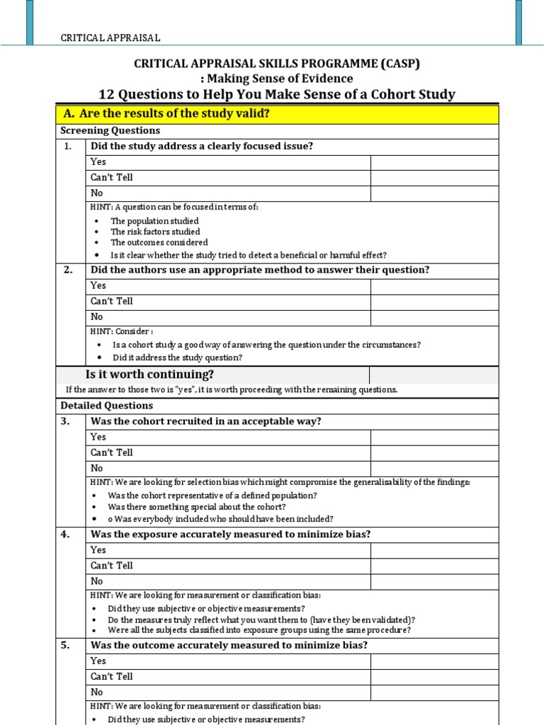Critical Appraisal Form For Cohort Study | PDF | Relative Risk | Cohort ...