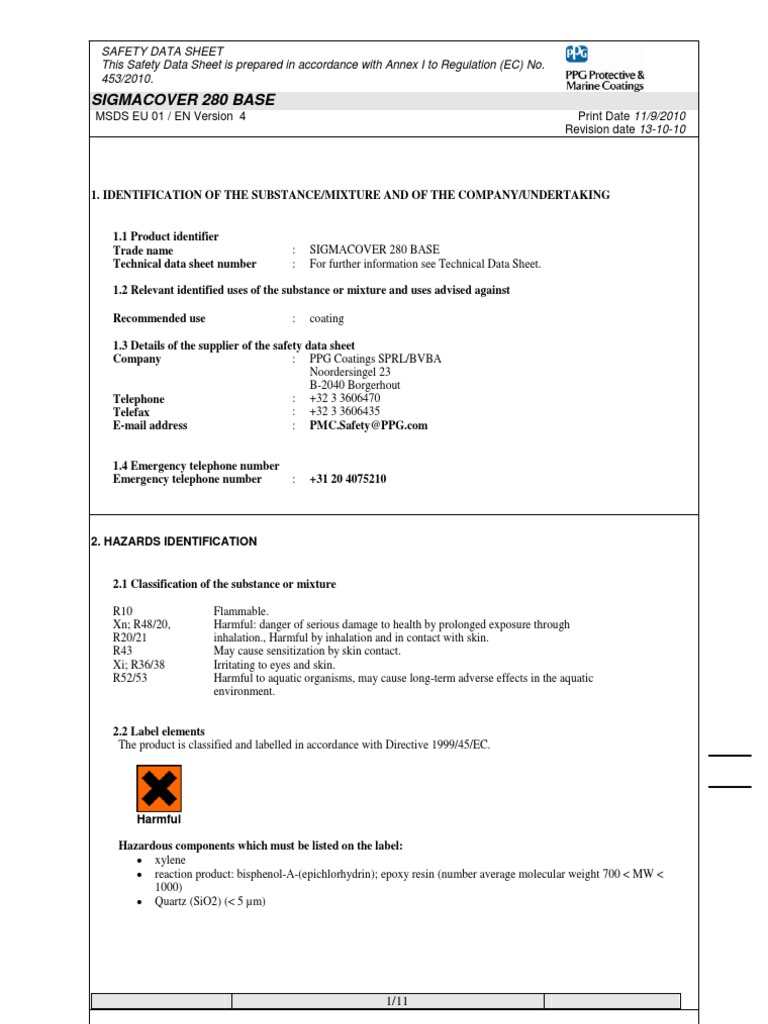 PPG Sigmacover 280 (Base) (En) | PDF | Personal Protective Equipment ...