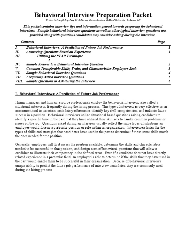 Behavioral Interview Preparation Packet | PDF | Competence (Human ...