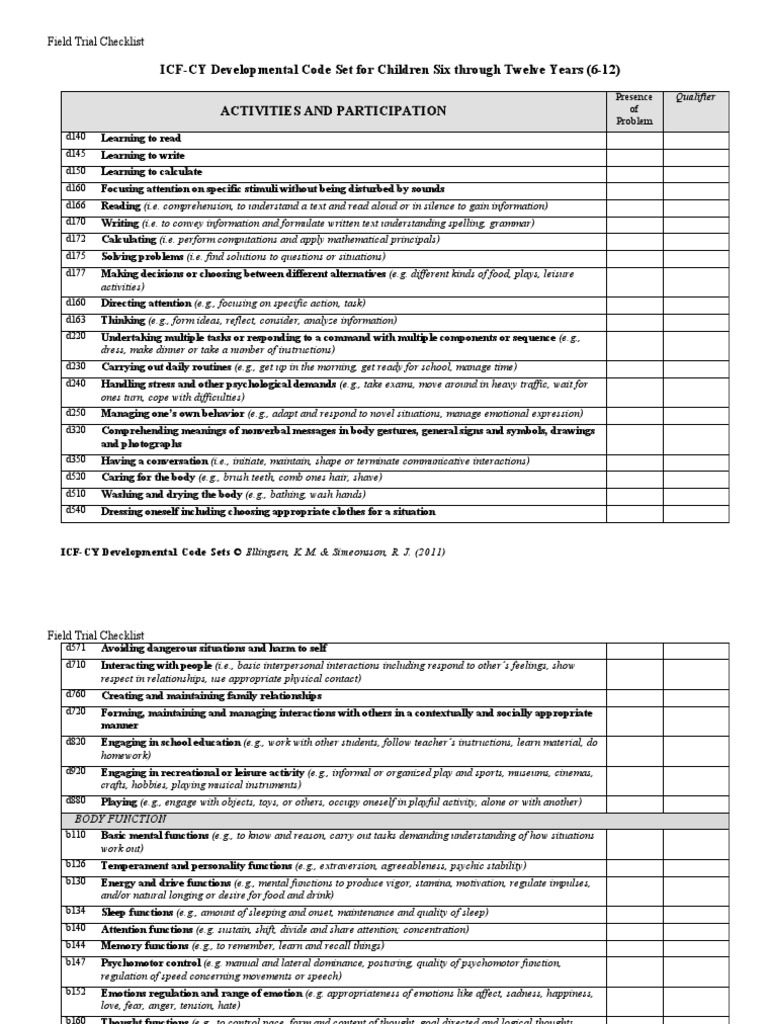 ICF-CY Developmental Code Sets CHECKLIST 6-12 | PDF | Emotions | Thought