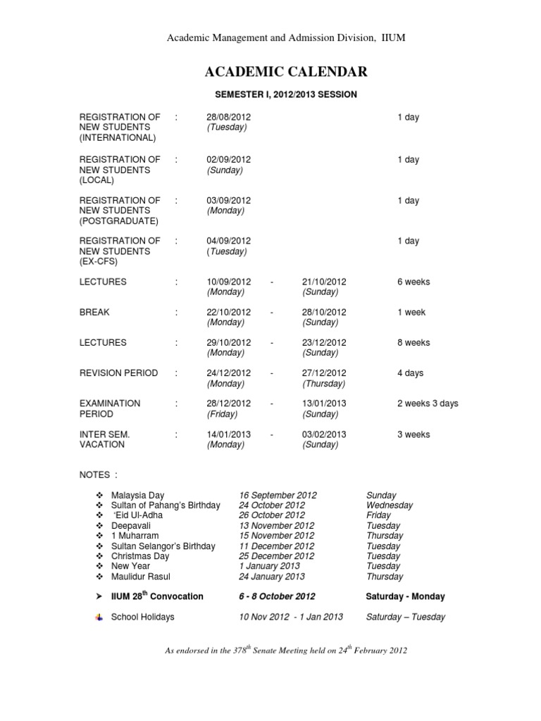 IIUM Academic Calendar 2012/2013 | PDF | Academic Term | Observances
