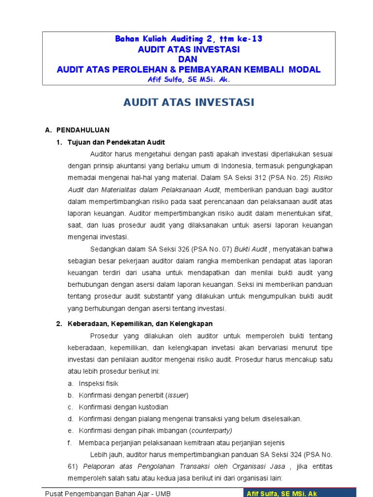 Auditing 2 - Audit Atas Investasi | PDF
