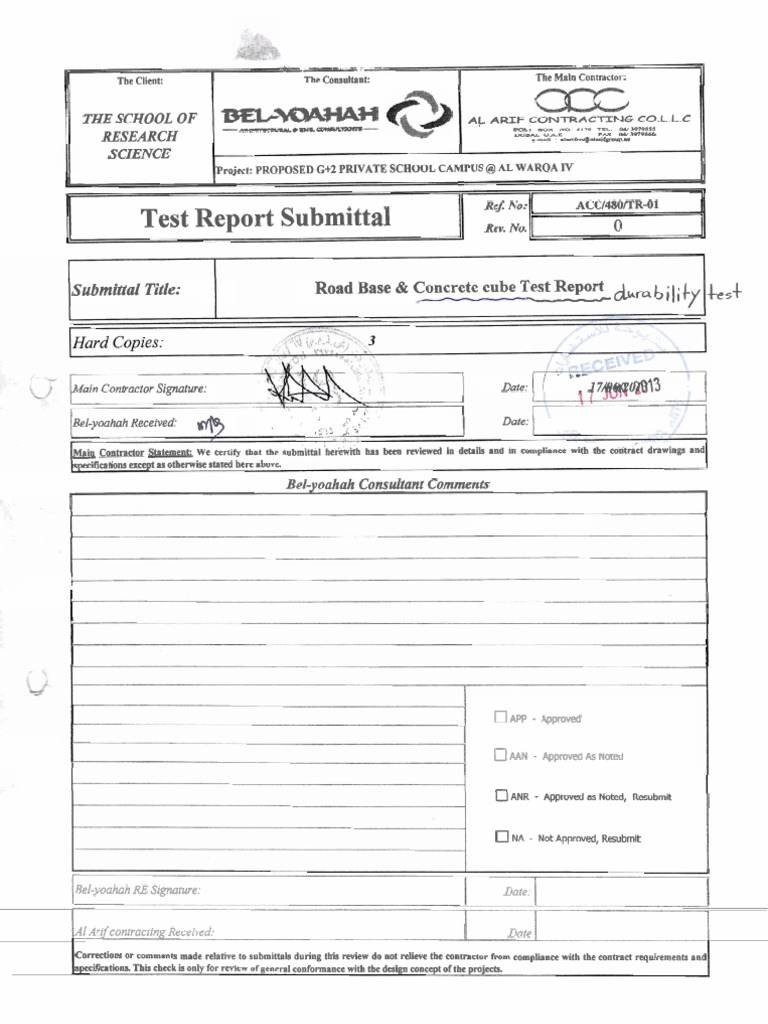 Concrete Cube Durability Test Report Submittal | PDF | Concrete | Materials