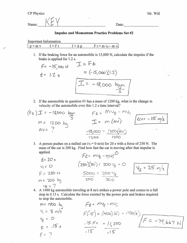 Impulse Problems Answer Key | PDF | Momentum | Force