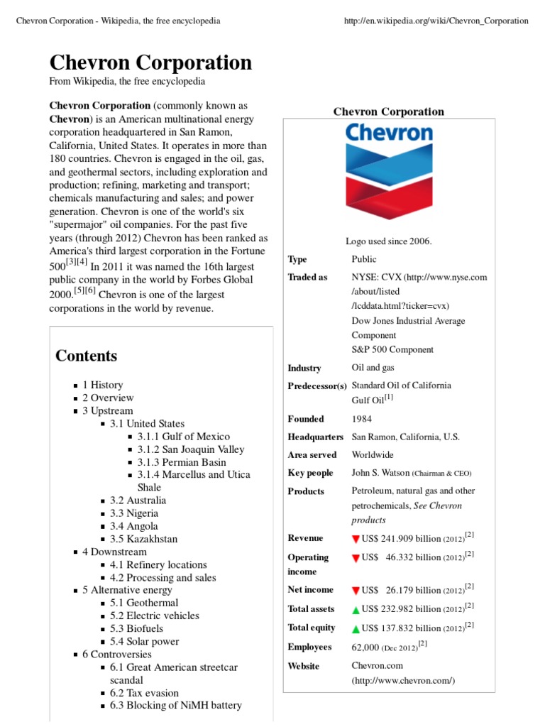 Chevron Corporation - Wikipedia, The Free Encyclopedia | PDF | Chevron ...