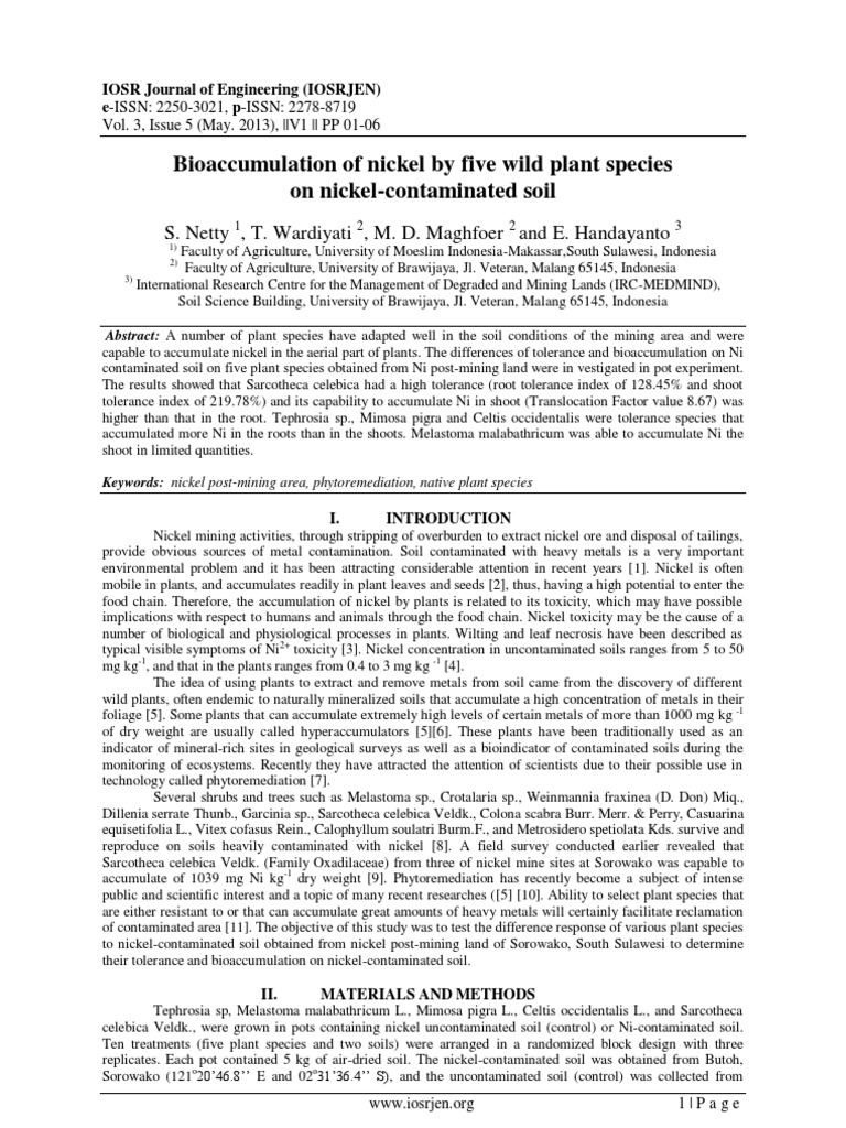 Bioaccumulation of Nickel by Five Wild Plant Species On Nickel ...