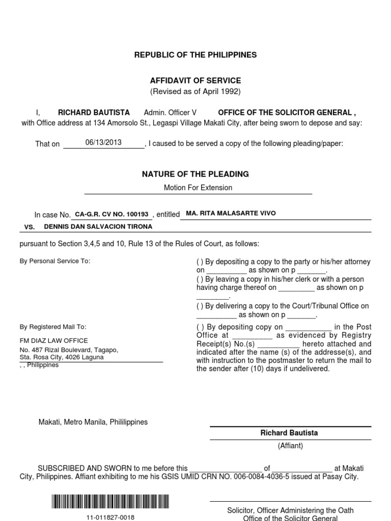 Sample Affidavit of Service | PDF